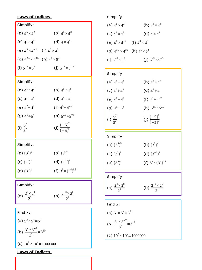 Laws of Indices Practice Strips | PDF