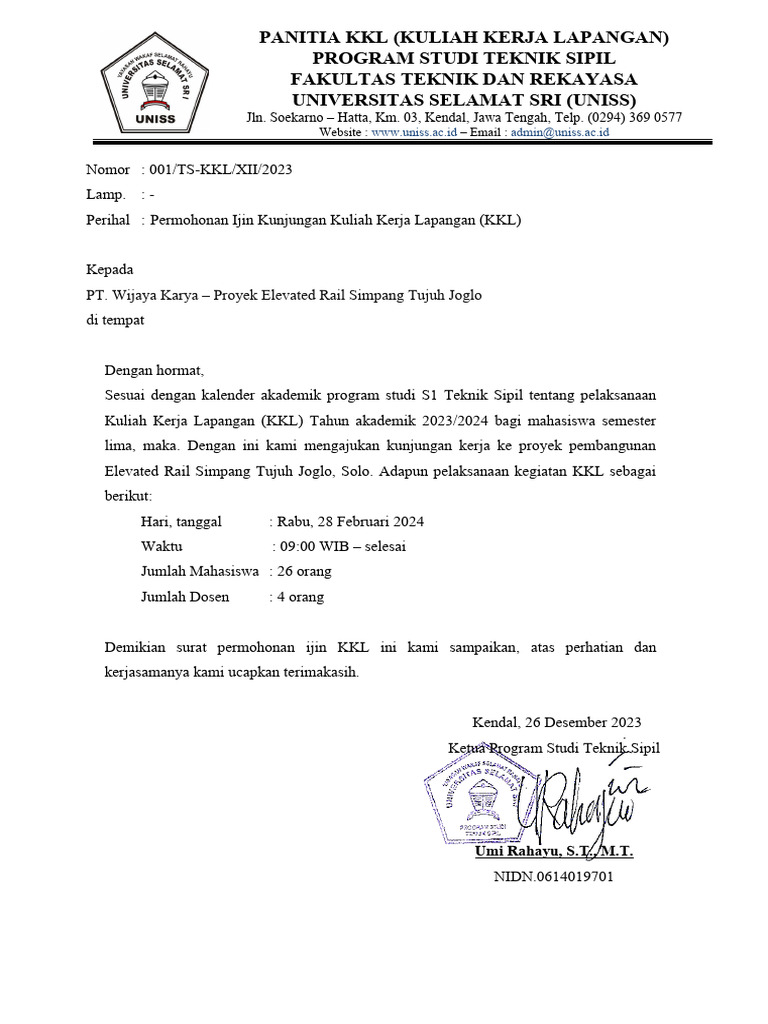 Surat Permohonan Kunjungan KKL | PDF
