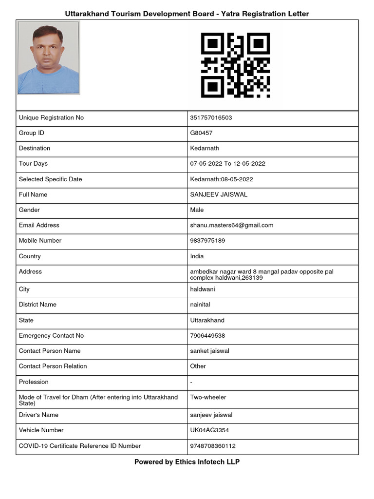 Yatra Registration Letter - UTDB-1 | PDF