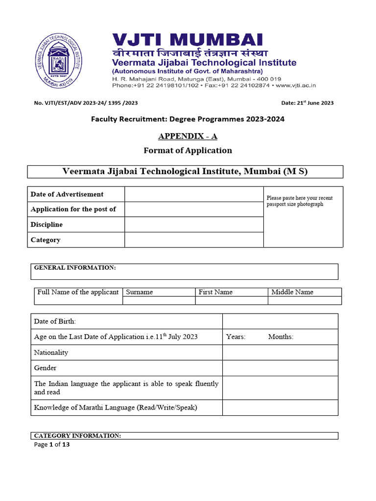Format of Appllication - Faculty Recruitment | PDF
