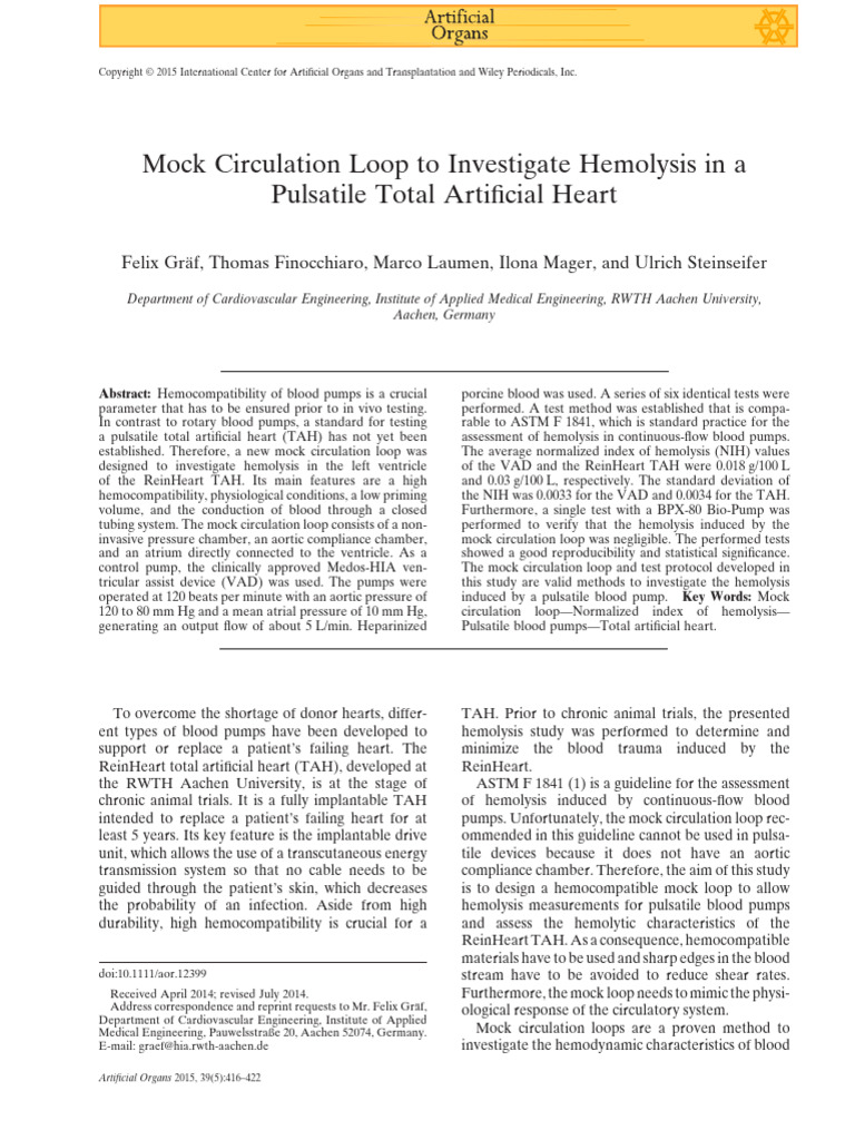 Artificial Organs - 2015 - GR F - Mock Circulation Loop To Investigate ...