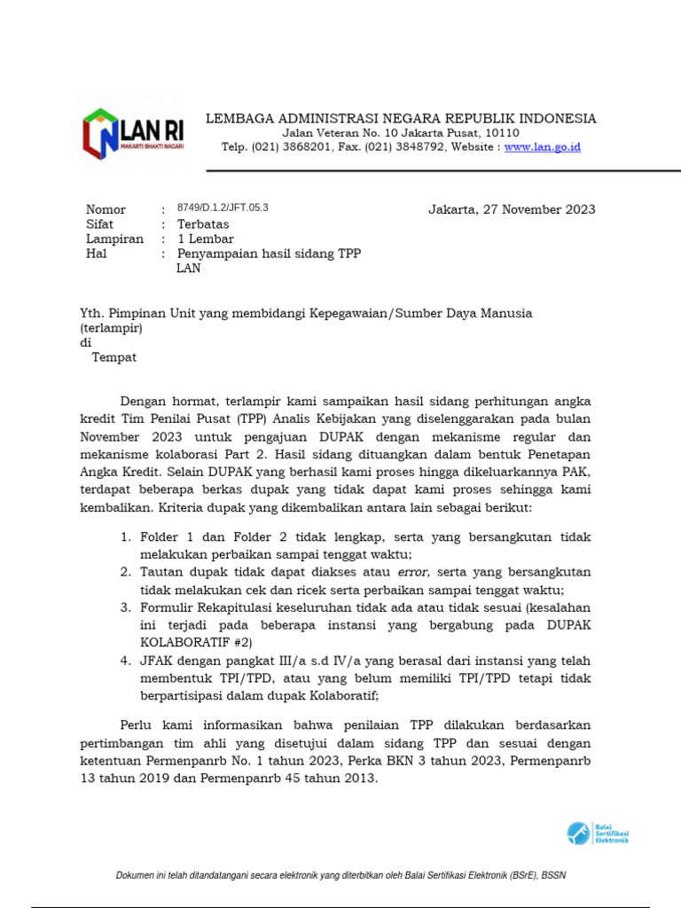 Surat Pengembalian Berkas Dupak JFAK | PDF