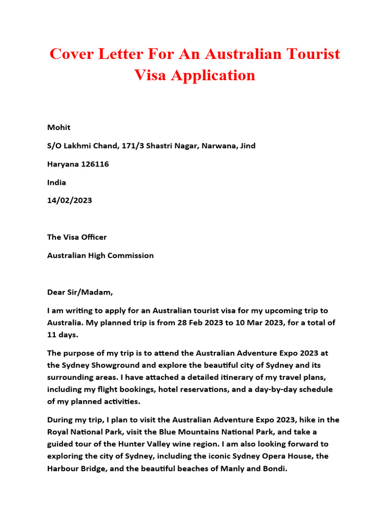 Cover Letter For An Australian Tourist Visa Application | PDF