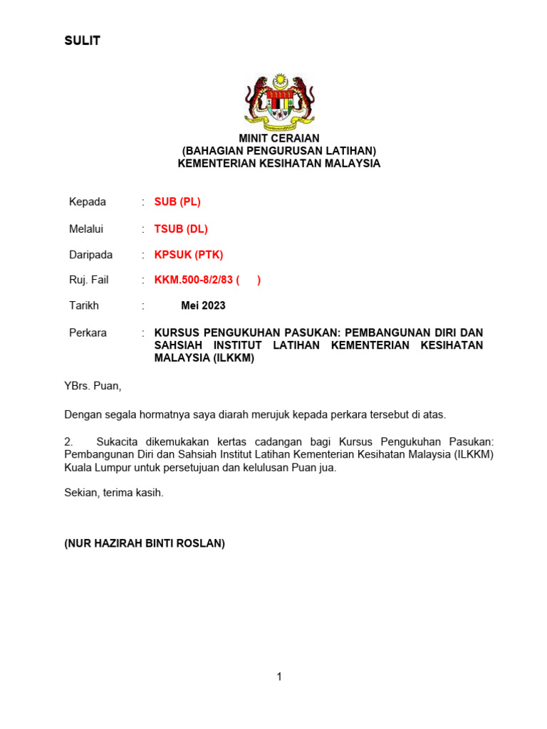 MINIT CERAIAN Kertas Pertimbangan KURSUS PENGUKUHAN PASUKAN PEMBANGUNAN ...