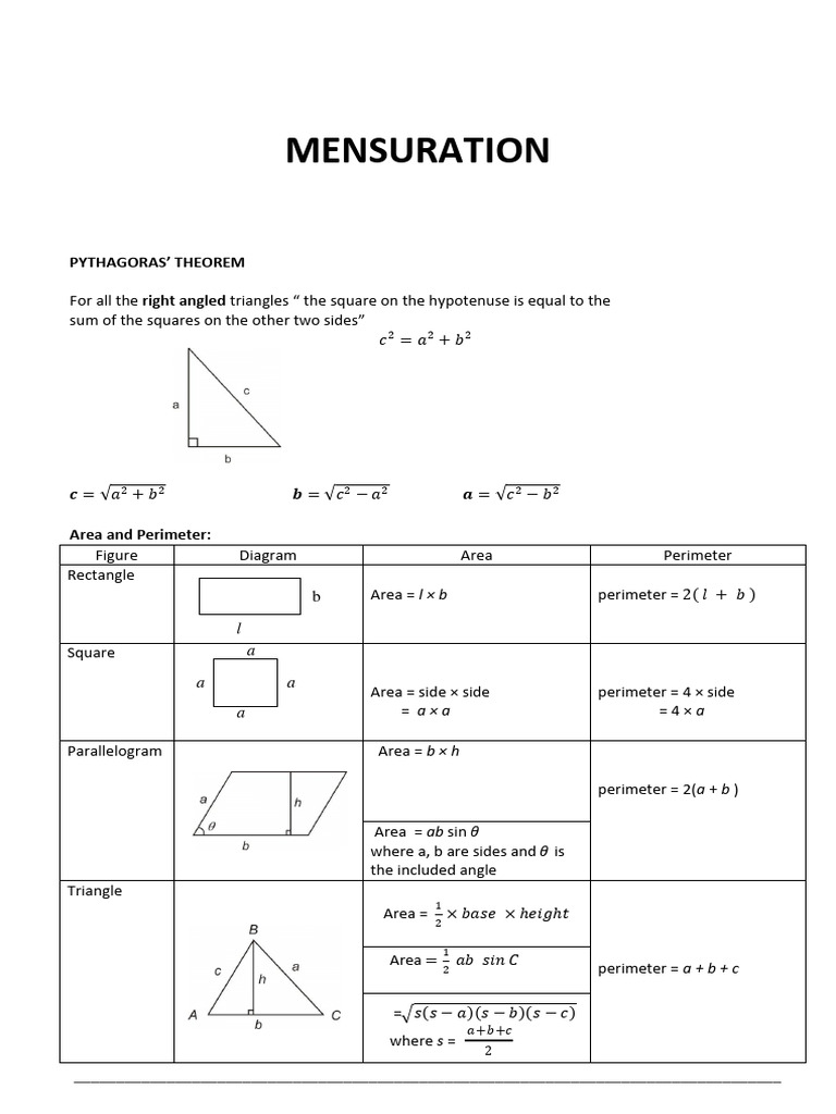 Mensuration Formulas | PDF | Area | Triangle