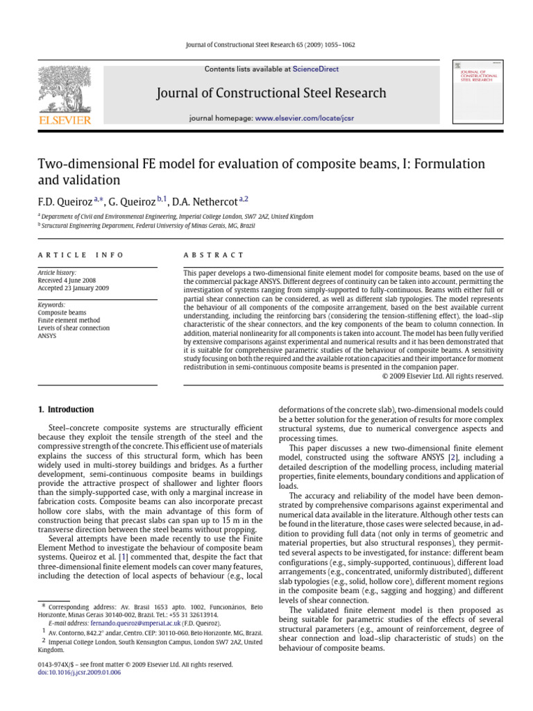 Two-Dimensional FE Model For Evaluation of Composite Beams, I: Formulation and Validation | PDF