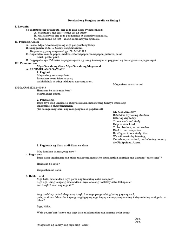 Detalyadong Banghay Aralin Sa Sining 1 | PDF