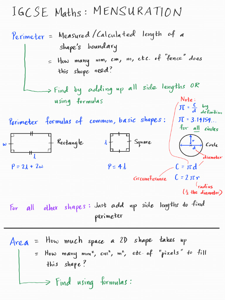 Igcse Maths Perimeter Area Surface Area And Volume Notes Pdf