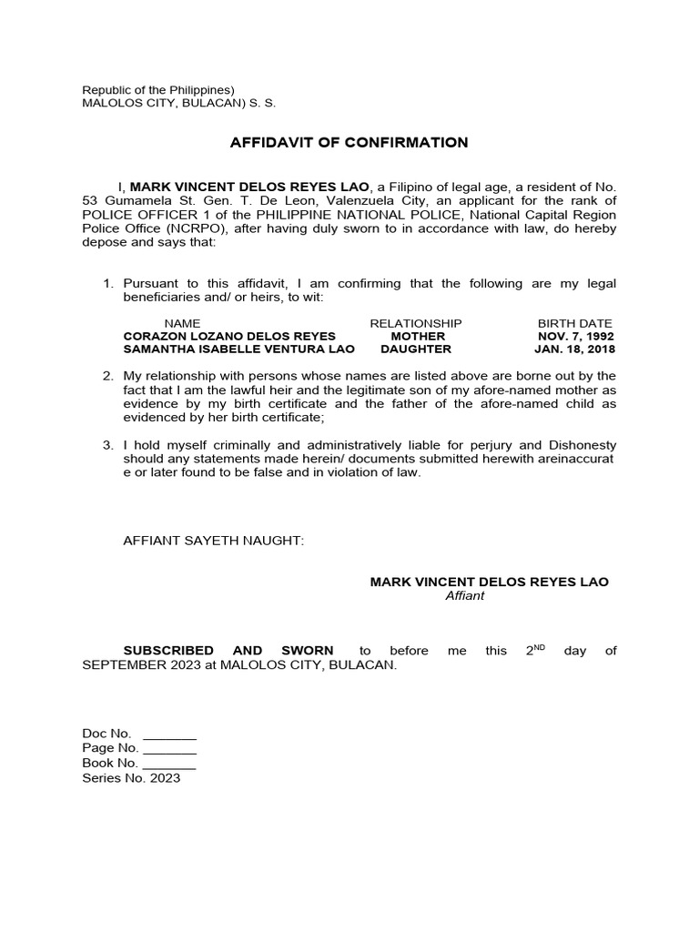 Affidavit of Confirmation PNP Applicant | PDF