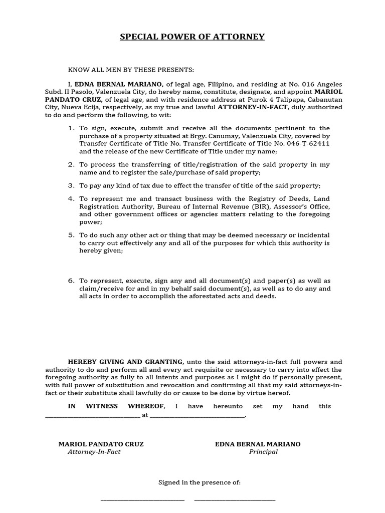 Special Power of Attorney: Attorney-In-Fact Principal | PDF | Power Of ...