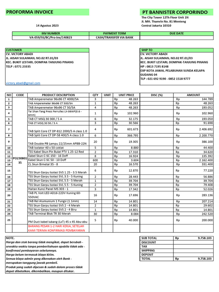 Proforma Invoice PT Bannister Corporindo | PDF