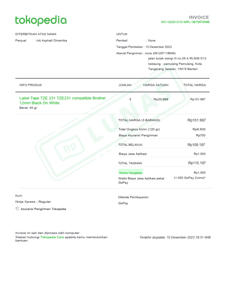 Invoice - Tokopedia | PDF
