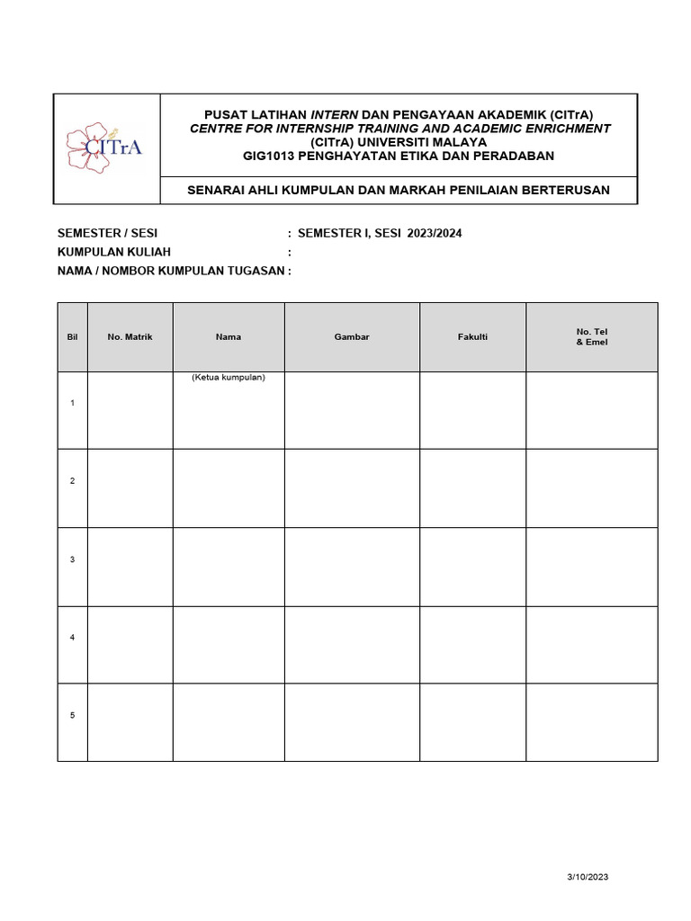 Borang Penilaian Berterusan Sem II 2022 2023 2 | PDF