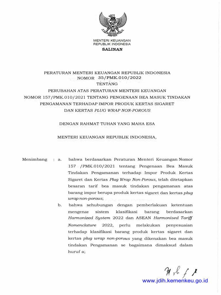35 - PMK.010 - 2022 - BMTP Kertas Sigret | PDF