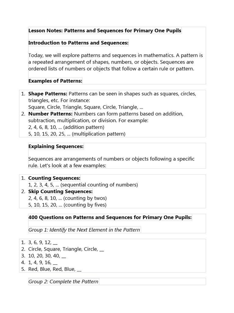 P1 Maths Patterns and Sequences | PDF