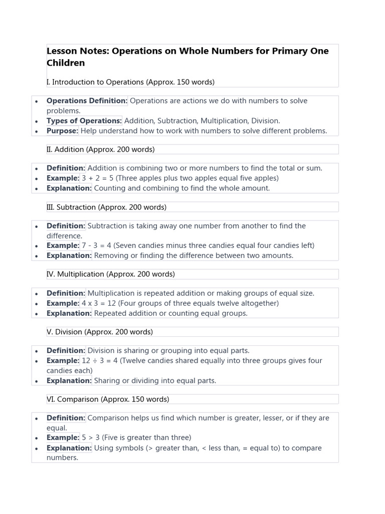 P1 Maths Operations on Whole Numbers | PDF