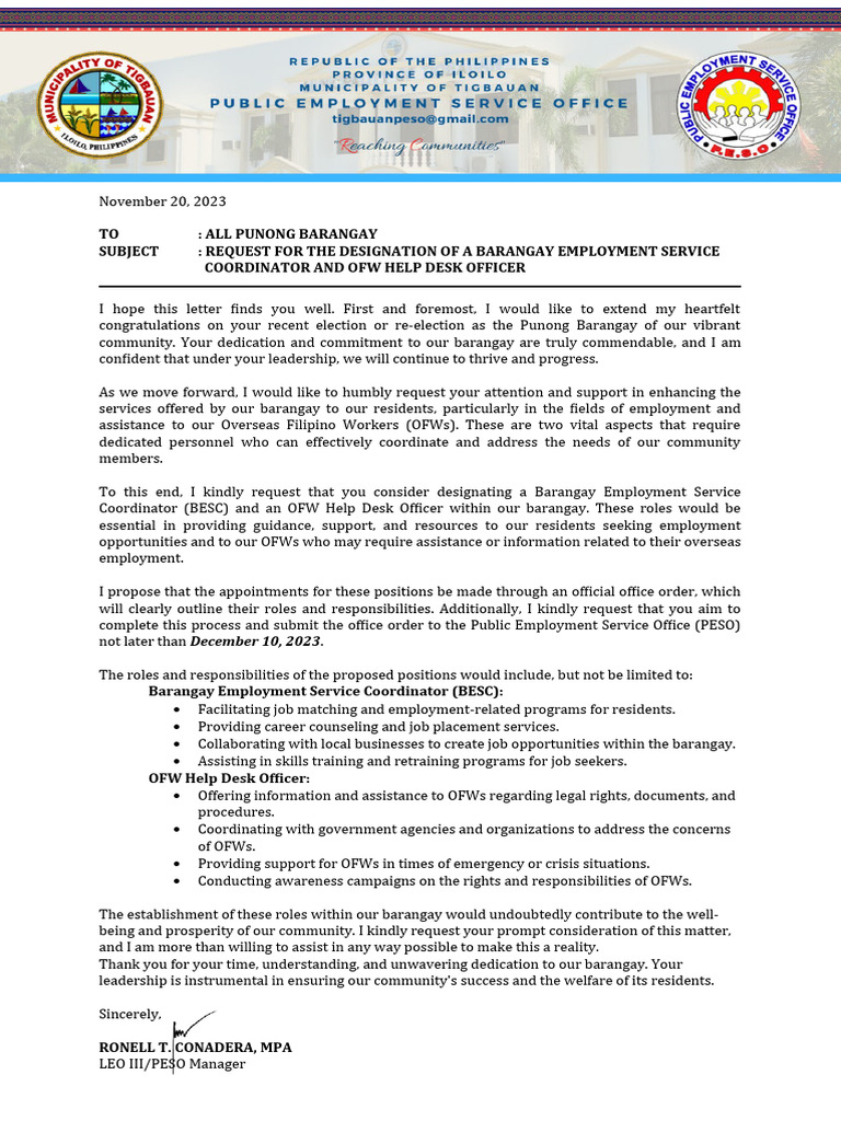 Letter Request - Brgy. PESO Coordinators | PDF | Economies