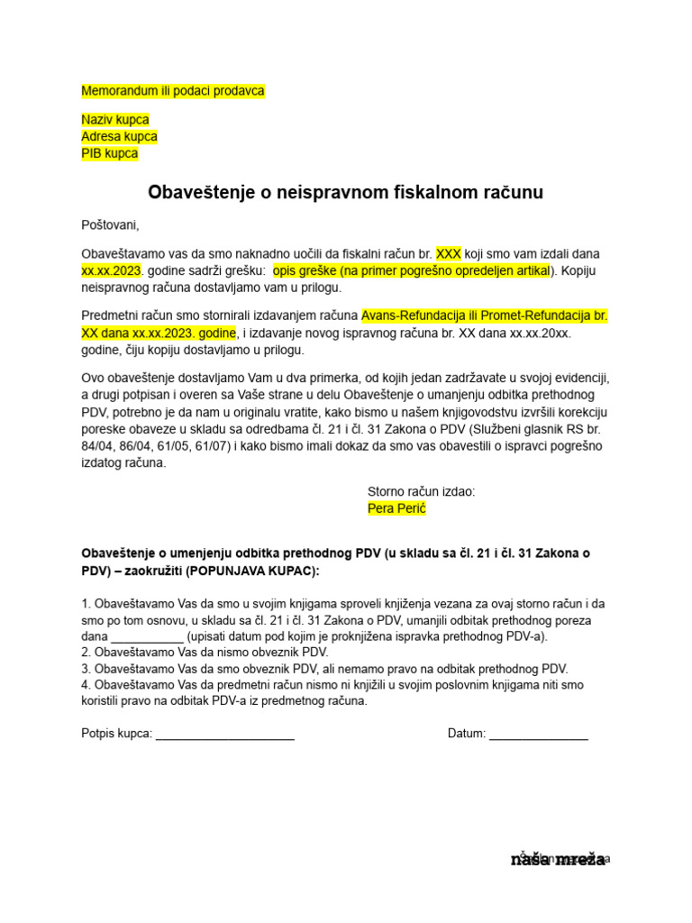 Storniranje Fiskalnih Racuna Dopis I Ispravka PDV | PDF