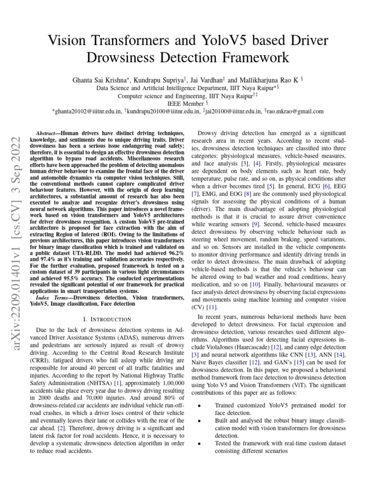 Vision Transformers and YoloV5 Based Driver Drowsi | PDF