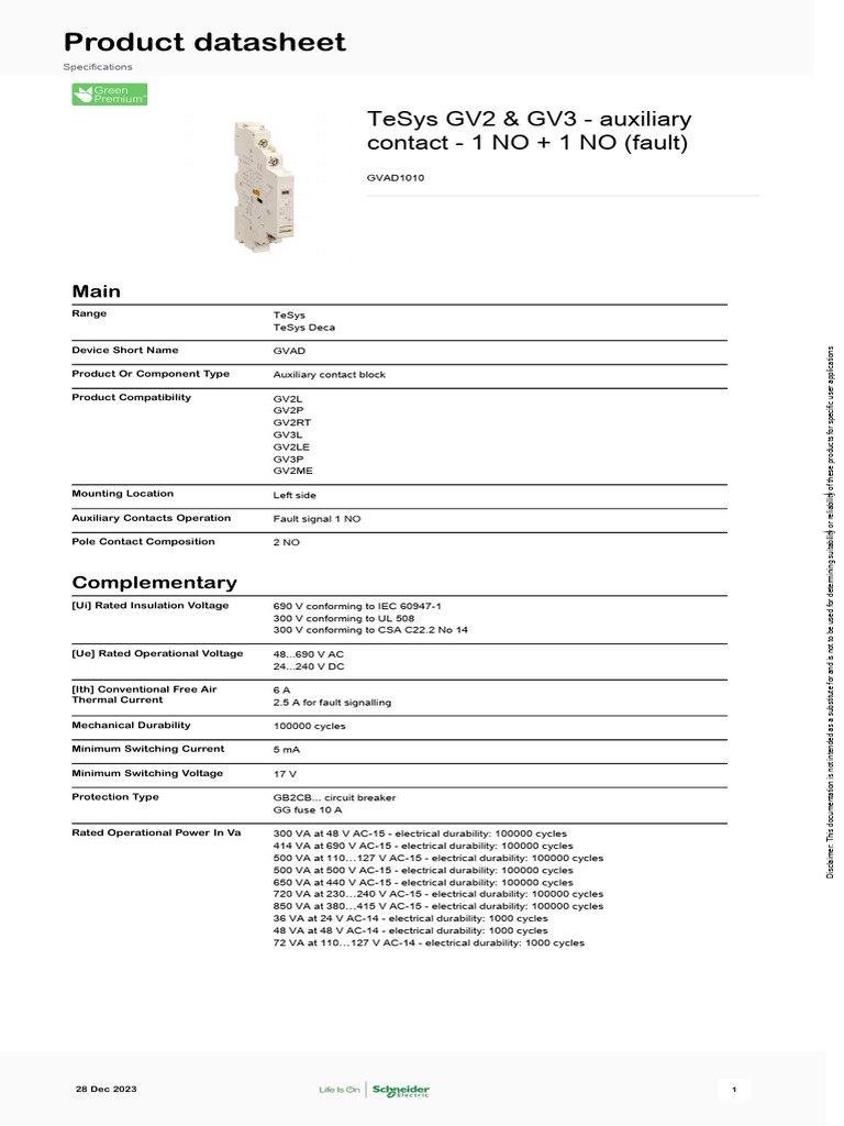 Schneider Electric - TeSys-GV2 - GVAD1010 | PDF