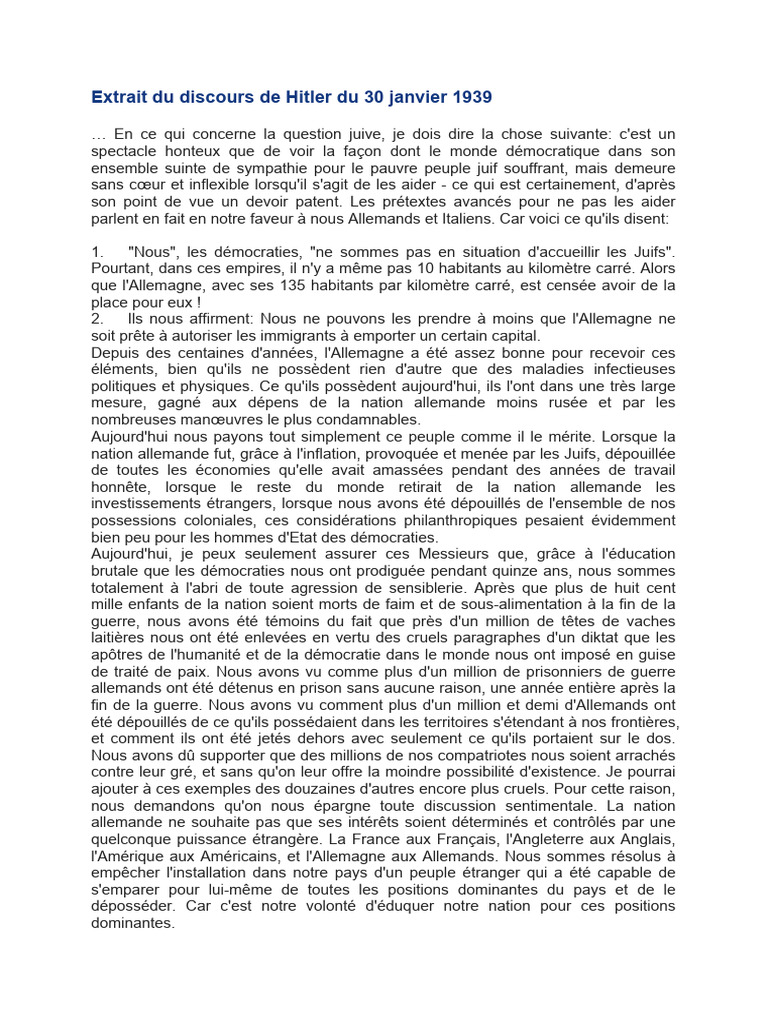HIS44-discours D Adolf Hitler 30.1.1939 | PDF