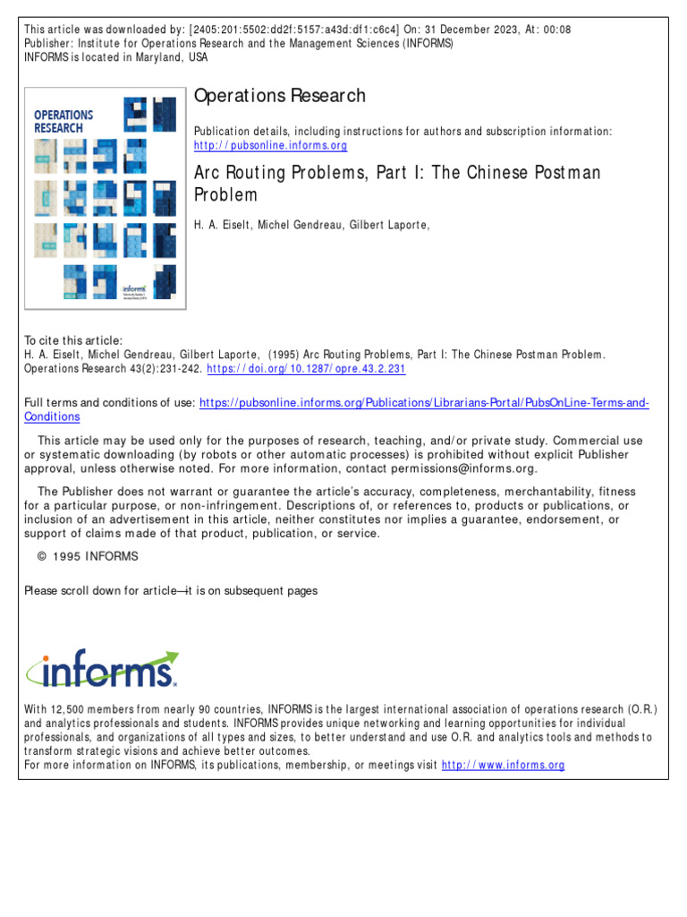 Eiselt Et Al 1995 Arc Routing Problems Part I The Chinese Postman ...