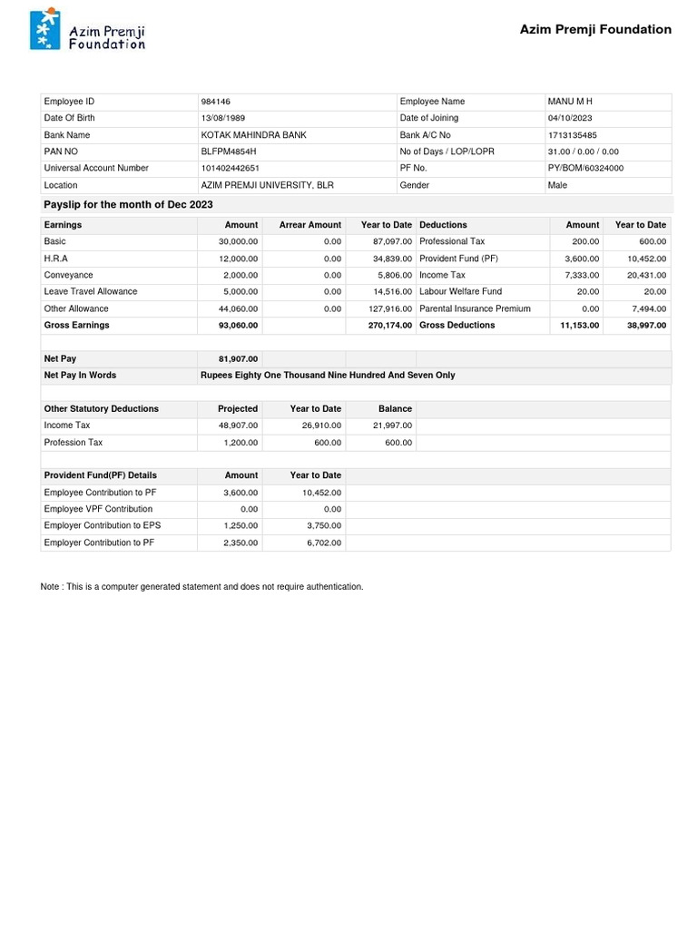 Payslip 12 2023 | PDF
