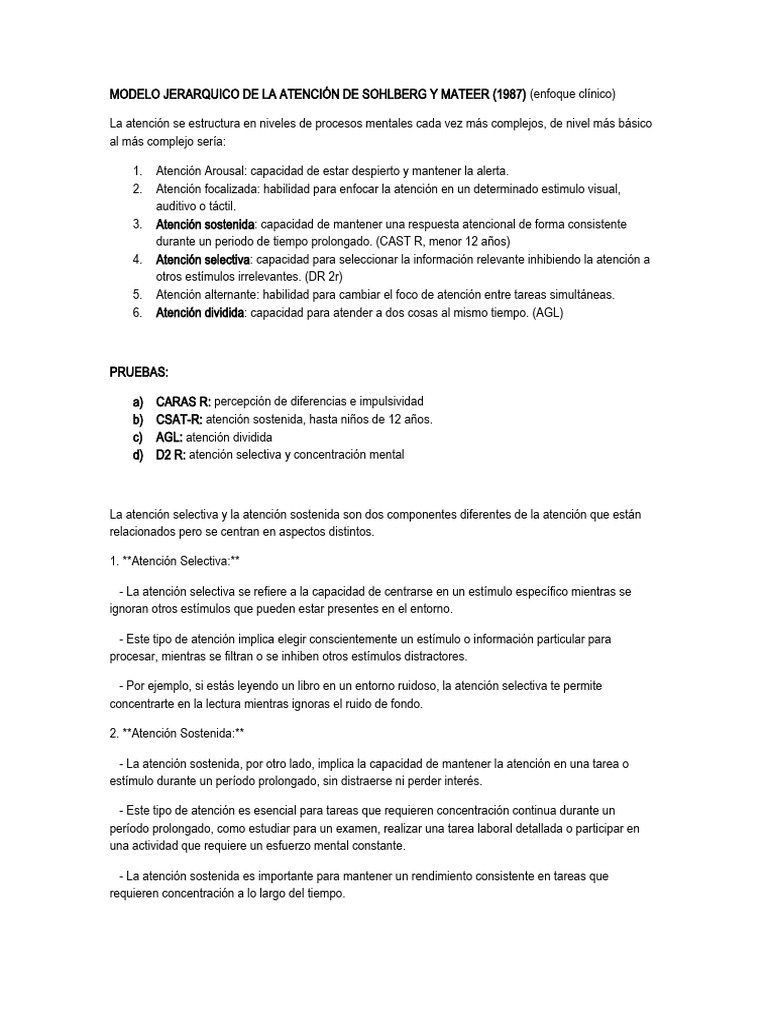 Modelo Jerarquico de La Atención de Sohlberg y Mateer | PDF