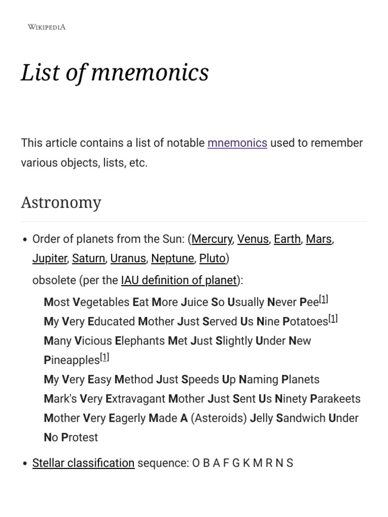 List of Mnemonics - Wikipedia | PDF