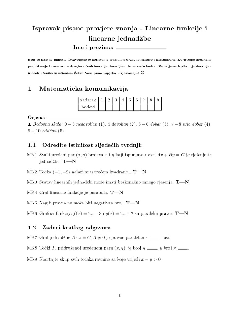 Linearne Jednadžbe I Funkcije | PDF