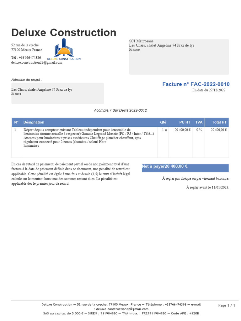 Facture FAC-2022-0010 SCI Maurosane | PDF