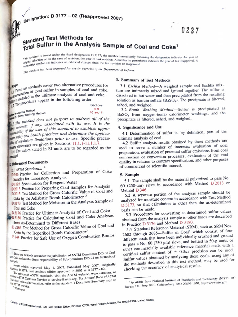 Standard Test For Total Sulphur in Coke and Coal | PDF | Solubility ...