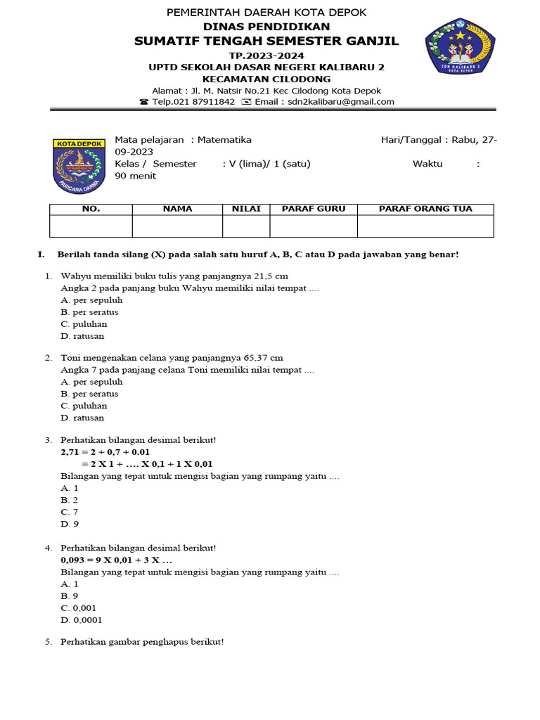 Sumatif Tengah Semester Ganjil 2023-2024 MTK | PDF