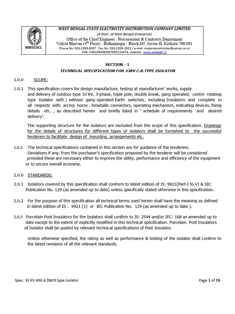 SPEC - 33KV, 400 - Amps - DBCR - TYPE - ISOLATORS WB | PDF