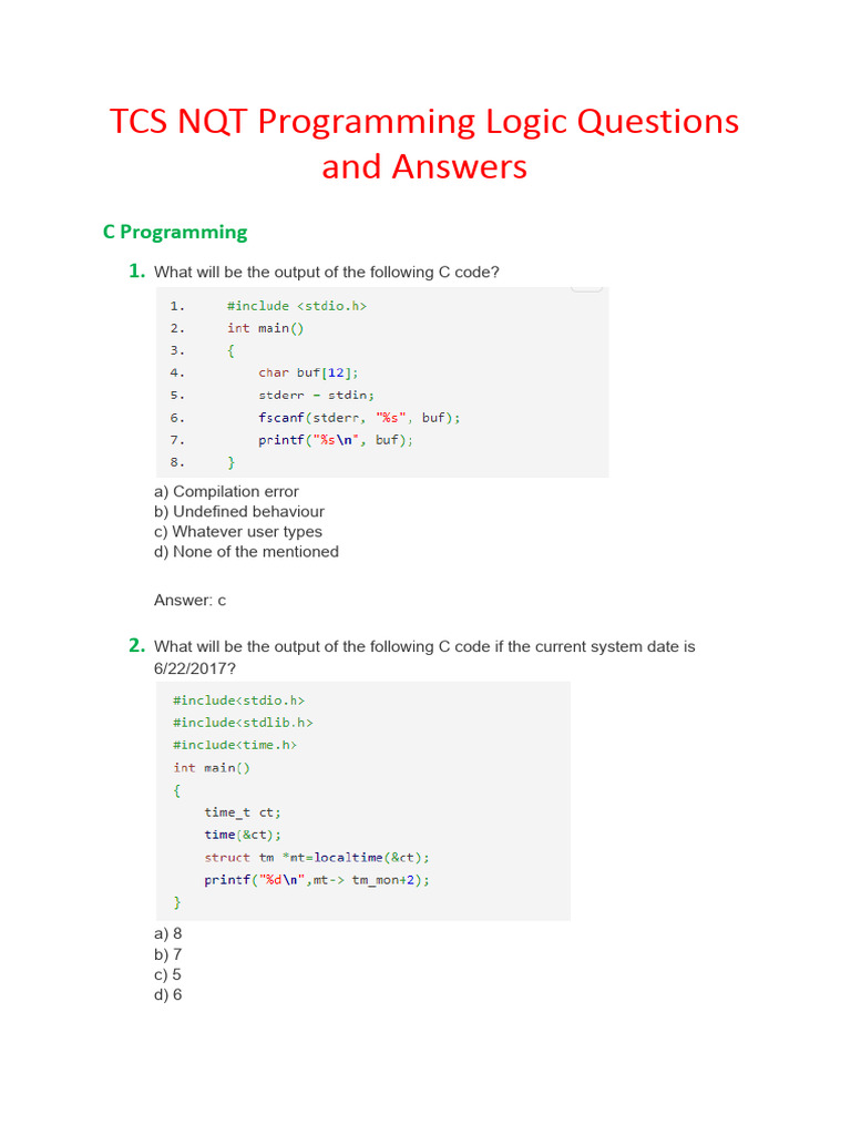 TCS NQT Programming Logic Questions and Answers | PDF | Parameter ... TCS NQT Programming Logic Questions and Answers | PDF | Parameter ...