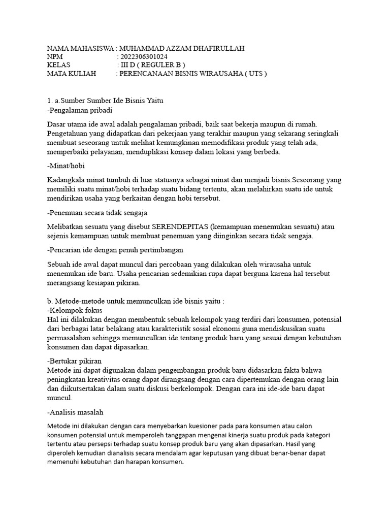 Uts Perencanaan Bisnis Muhammad Azzam | PDF