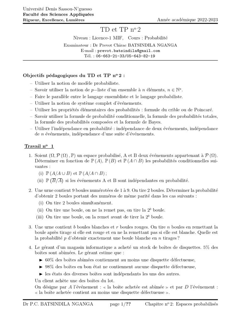 TD TP2 L1mif 2022-2023 | PDF | Probabilité | Théorie des probabilités