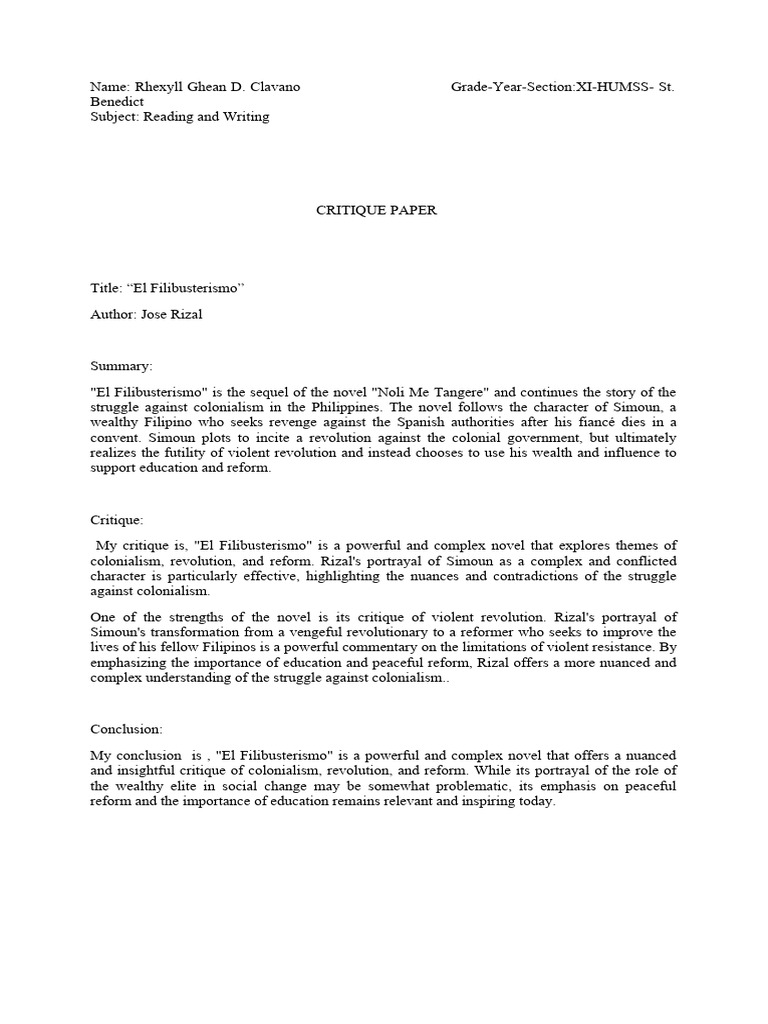 EL FILIBUSTERISMO - Critique Paper | PDF