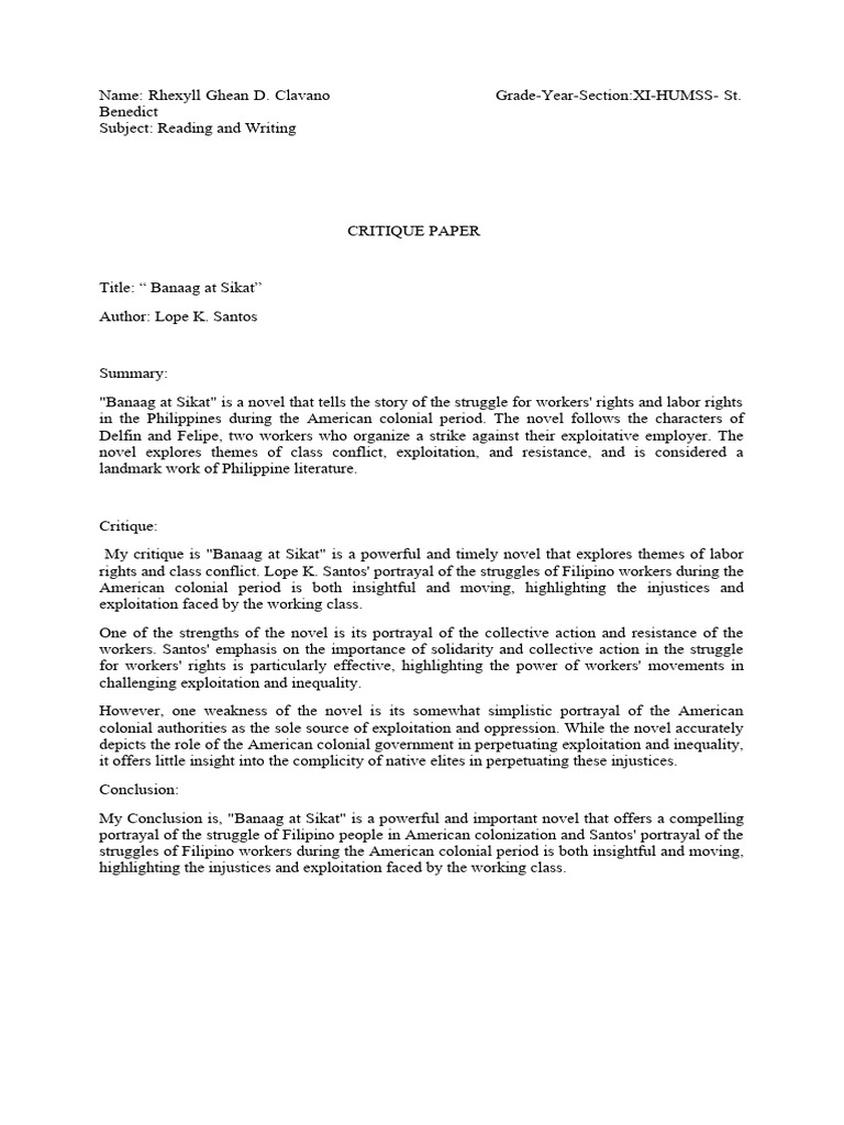 Banaag at Sikat - Critique Paper | PDF | Social Science | History