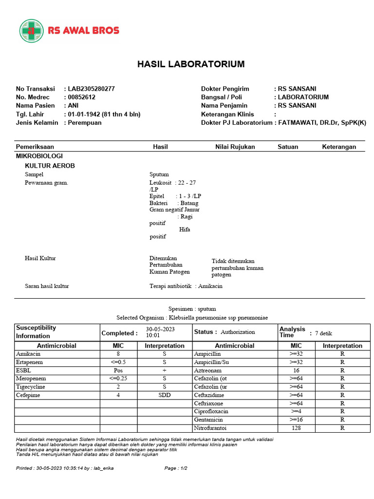 Hasil Kultur Sputum Pasien Pneumonia | PDF