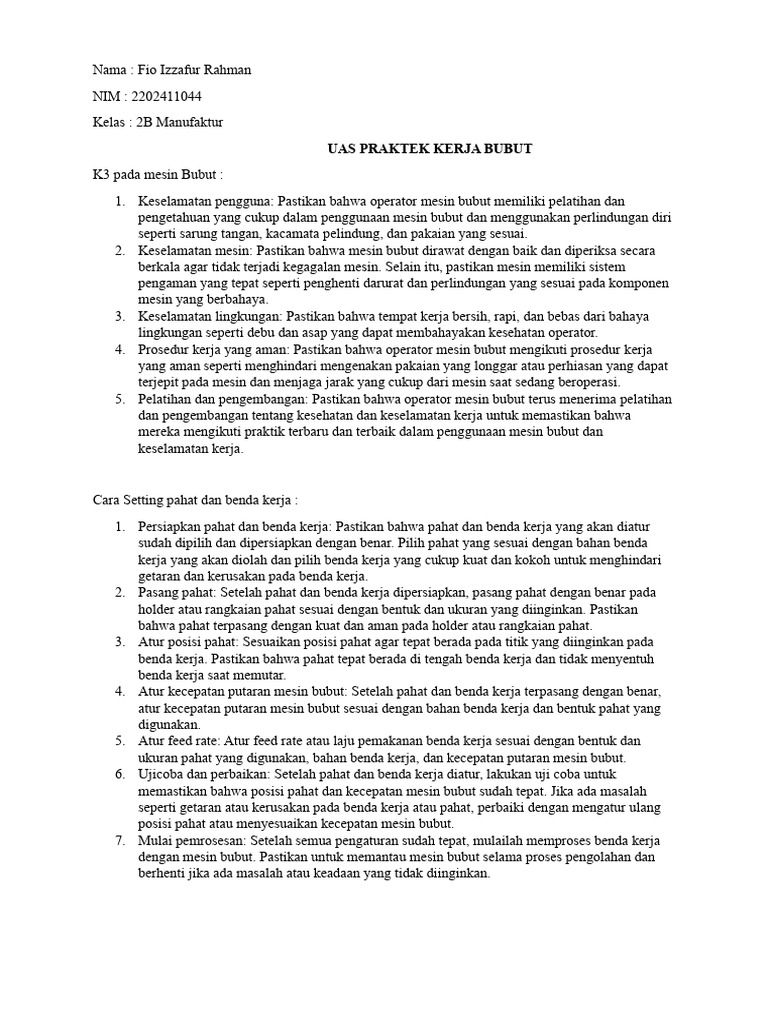 Operation Plan Bubut Uas | PDF