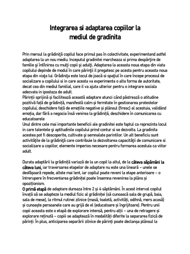 Integrarea Si Adaptarea Copiilor La Gradinita 2 | PDF