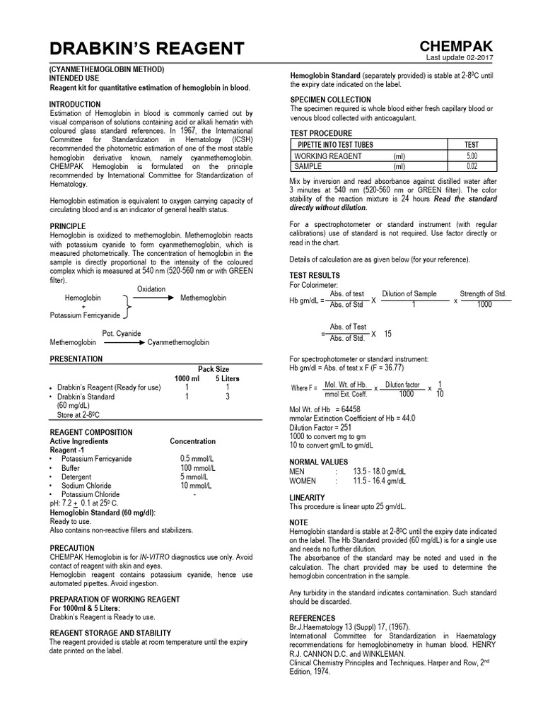 Drabkin's Reagent for Hemoglobin Testing | PDF