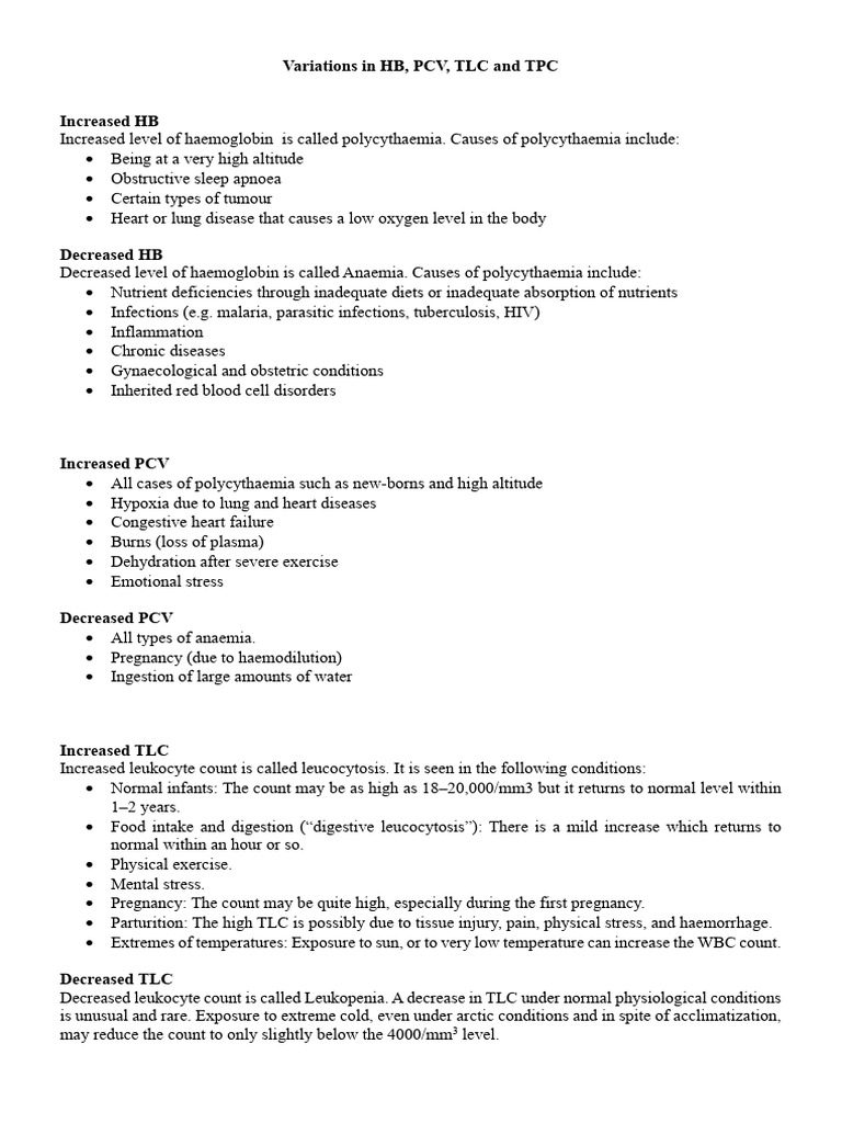 Variations in HB, PCV, TLC and TPC | PDF | Anemia | Hypoxia (Medical)