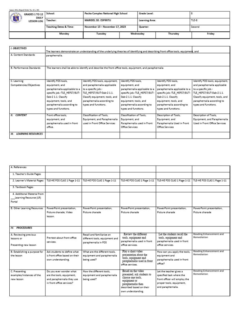 Daily Lesson Log in FOS | PDF