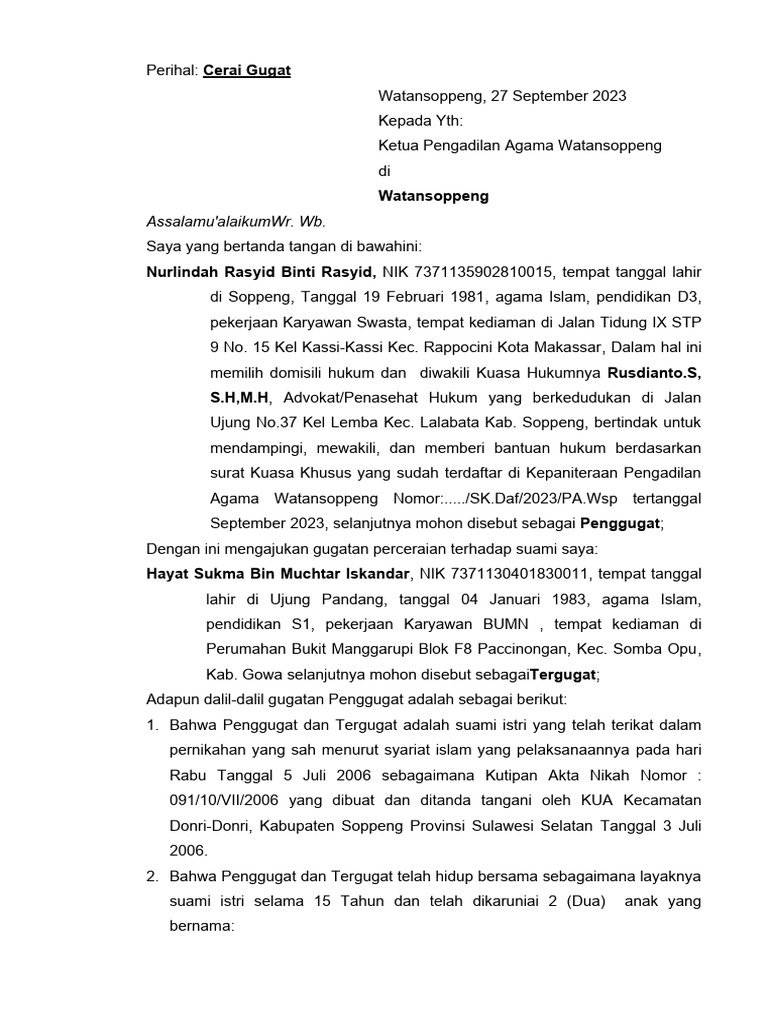 Cerai Gugat Lindah Rasyid. | PDF