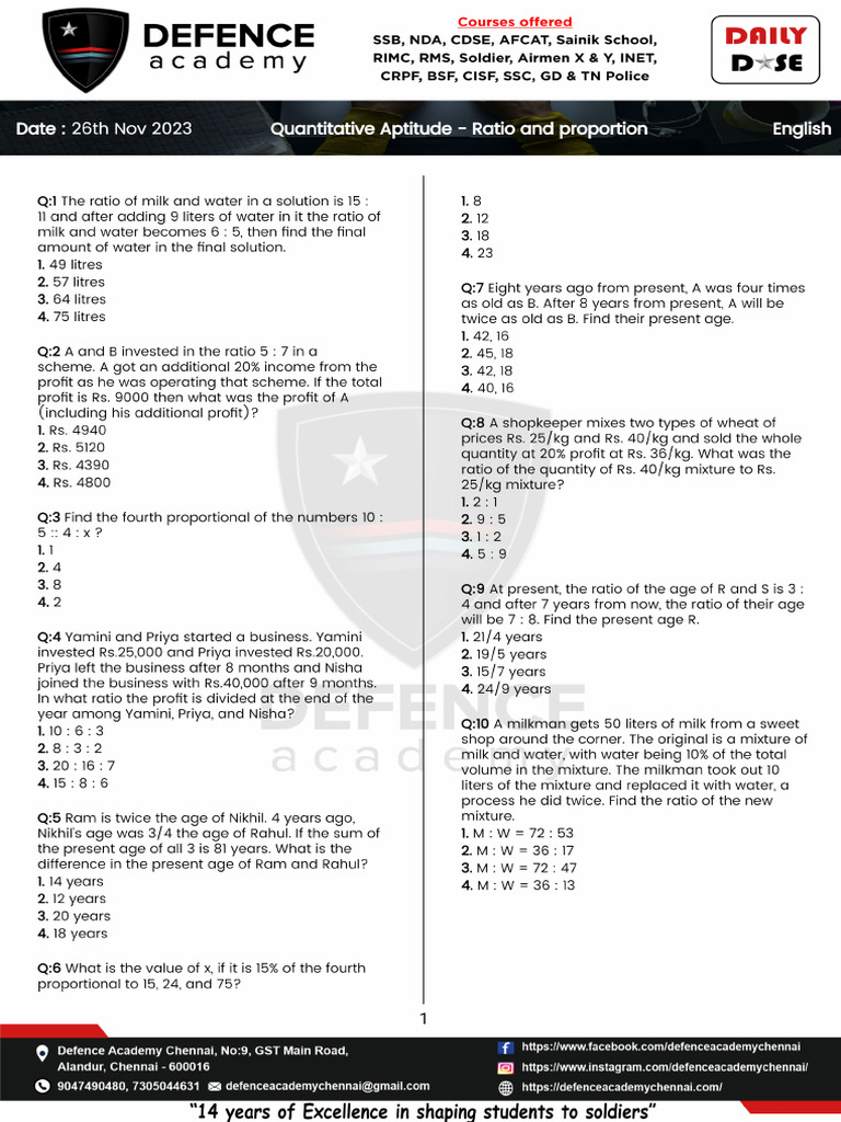 Quantitative Aptitude - Ratio and Proportion - English - 26th Nov 2023 ...
