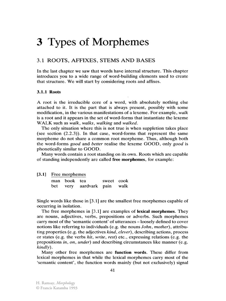 3 Types of Morphemes: 3.1 Roots, Affixes, Stems and Bases | PDF