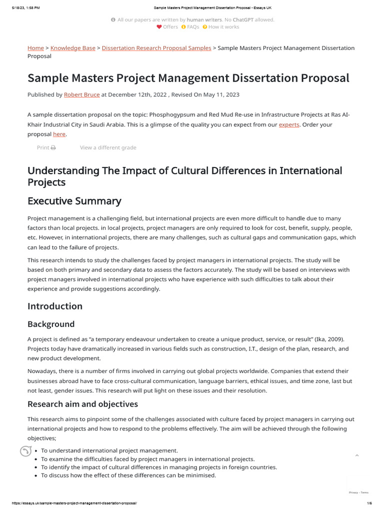 Sample Masters Project Management Dissertation Proposal - Essays UK | PDF