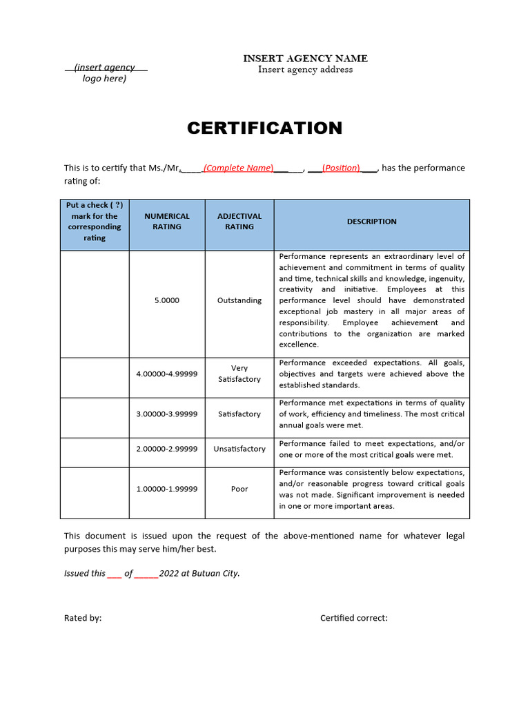 Certificate of Performance Rating | PDF